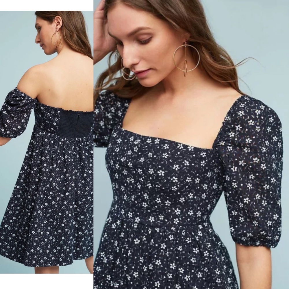 Anthropologie Maeve Navy Blue Off The Shoulder Floral… - Gem
